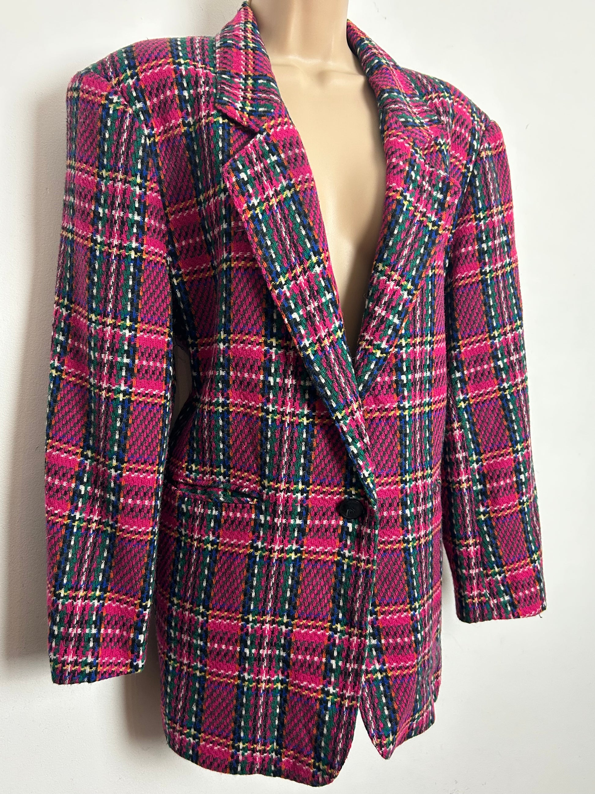 Vintage 1980s Size 14 Pink Green Blue & Yellow Check Print Wool Mix Bl ...