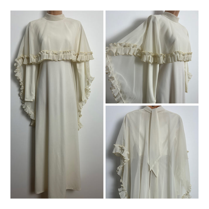 Vintage Early 1970s Size 8 Cream Chiffon Cape Overlay Long Sleeve Boho ...