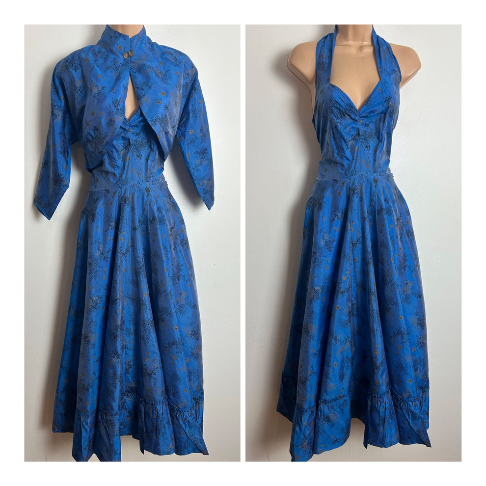 Vintage 1950s Size 6 Blue & Gold Stamped Floral Print Halter Neck Part ...