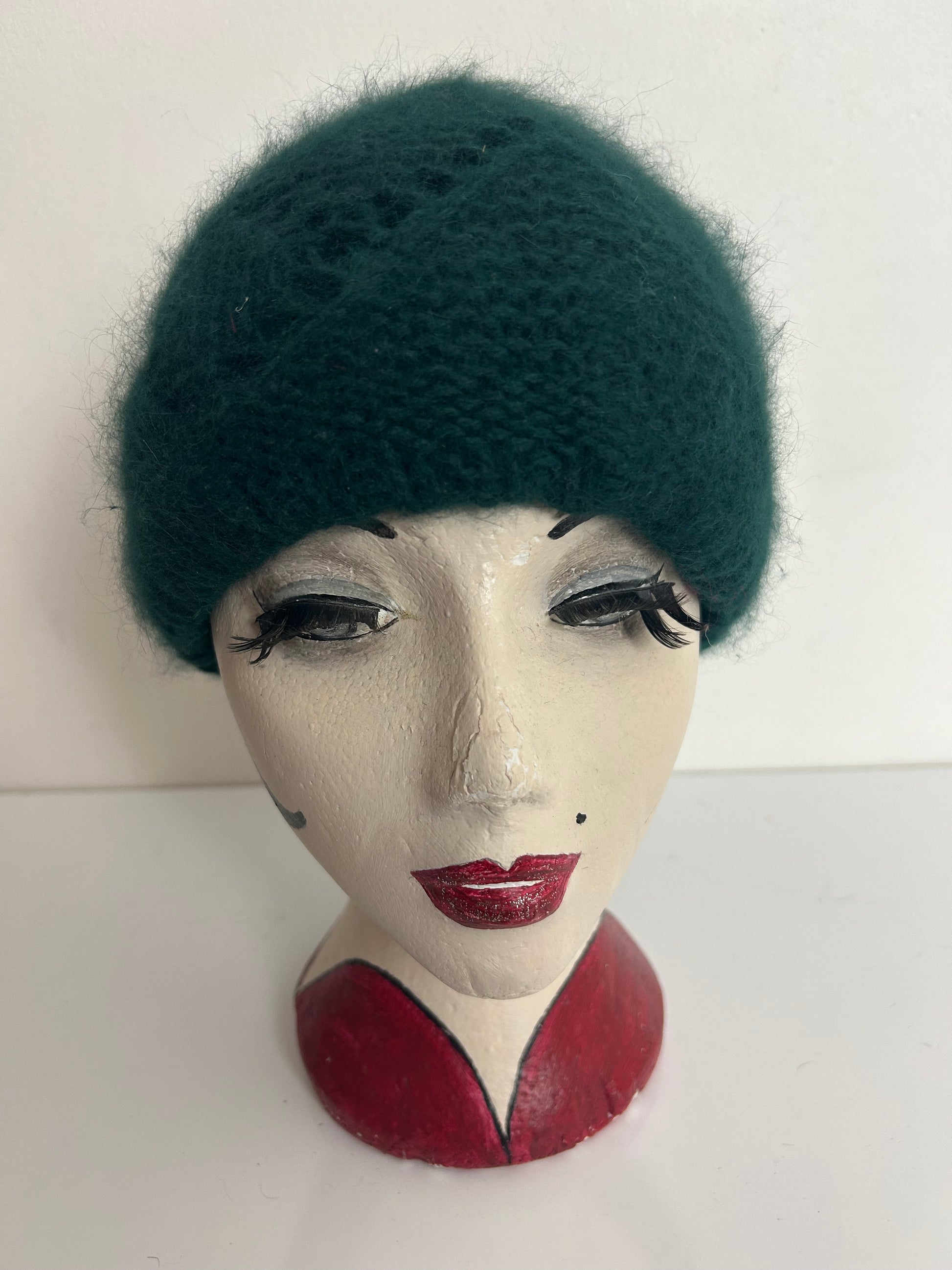 Vintage Forest Green Chunky Knit Angora & Wool Mix Beanie Style Hat ...