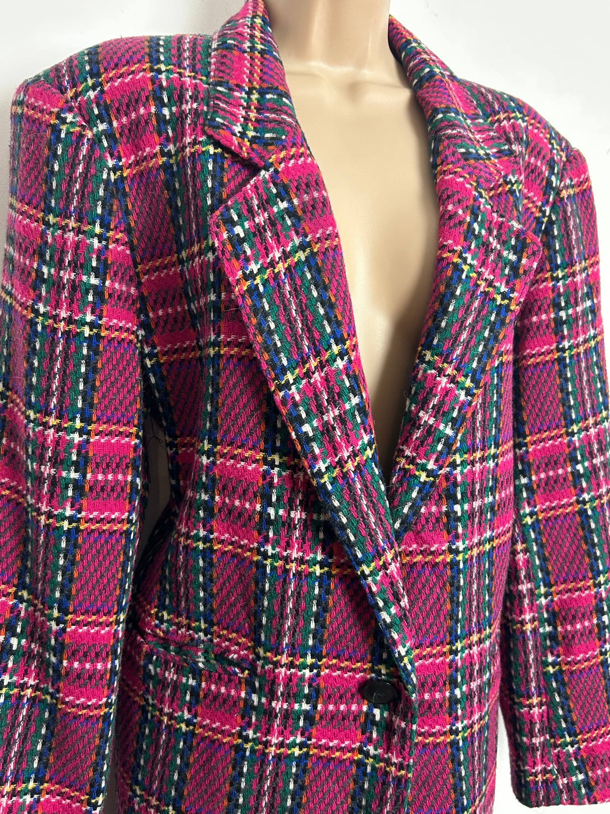Vintage 1980s Size 14 Pink Green Blue & Yellow Check Print Wool Mix Bl ...