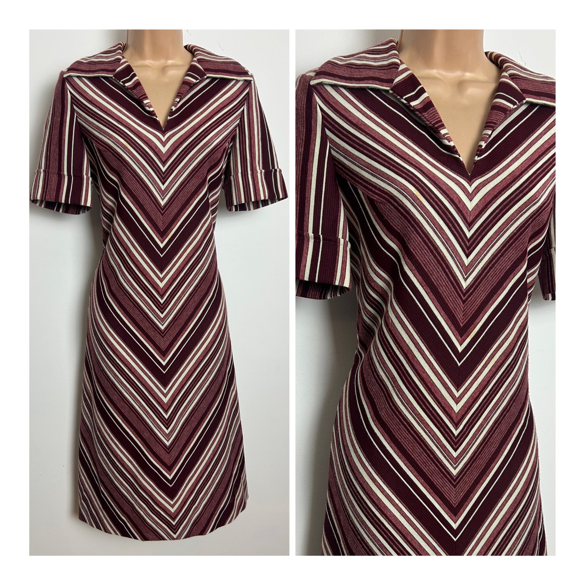 Vintage 1970s Size 10 Dark Red Dusky Pink & Cream Chevron Stripe Print ...