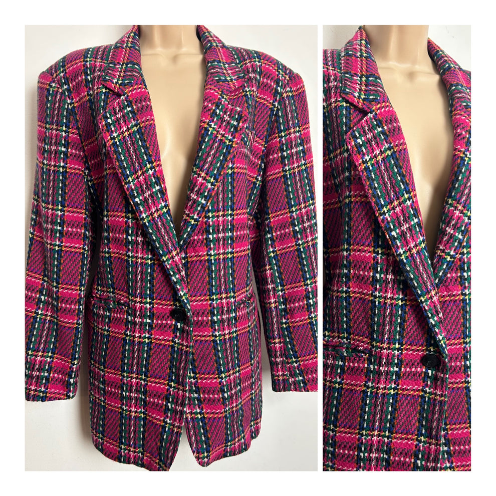 Vintage 1980s Size 14 Pink Green Blue & Yellow Check Print Wool Mix Bl ...
