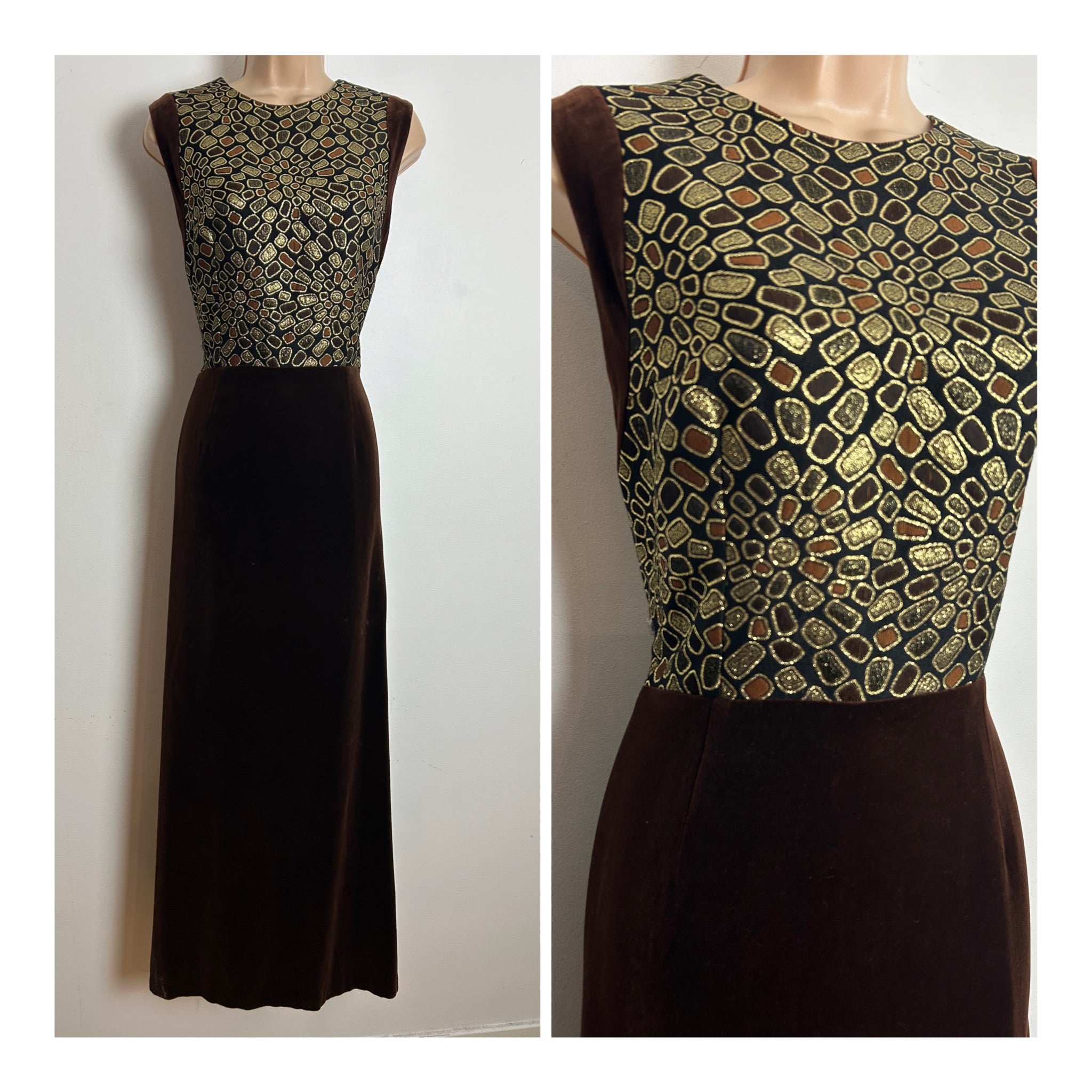 Vintage 1960s FREDERICK HOWARD Size 12 Brown & Gold Brocade & Velvet E ...