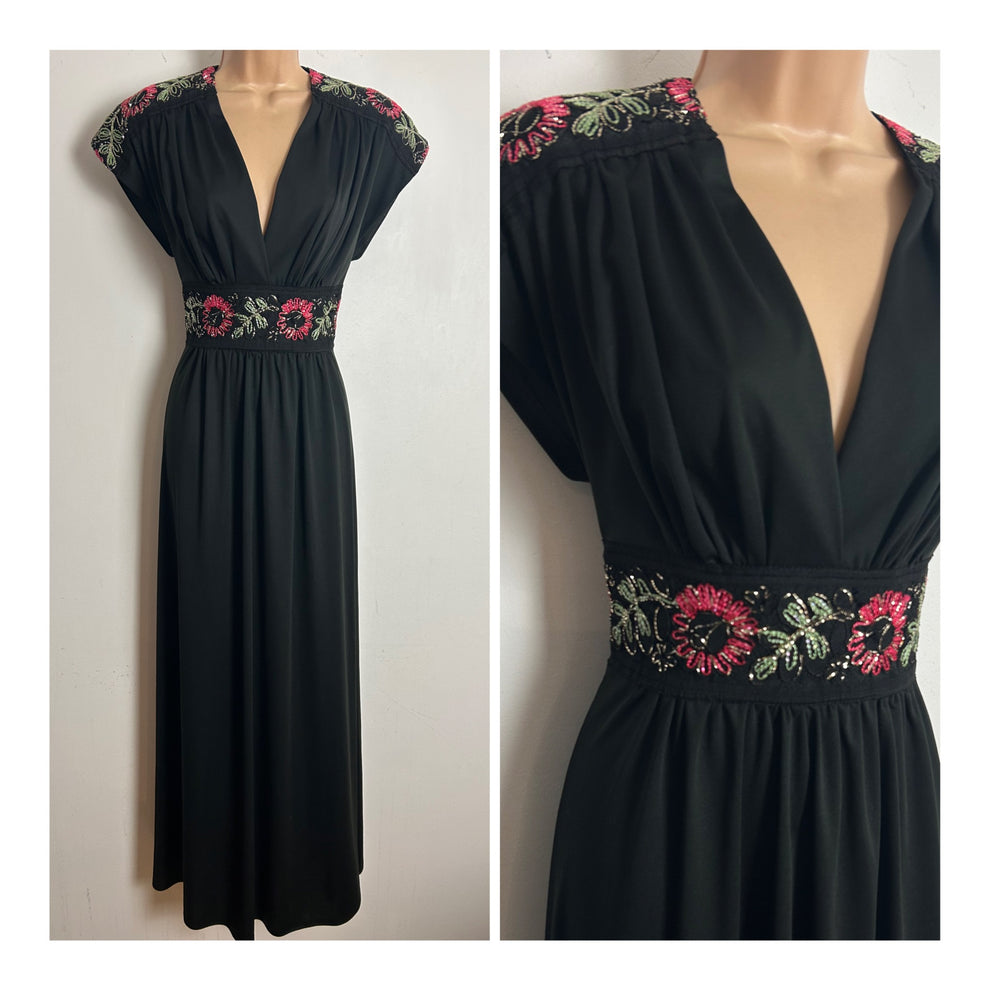 Vintage Late 1970s JOBI Size 8-10 Black Pink & Green Embroidered Flora ...