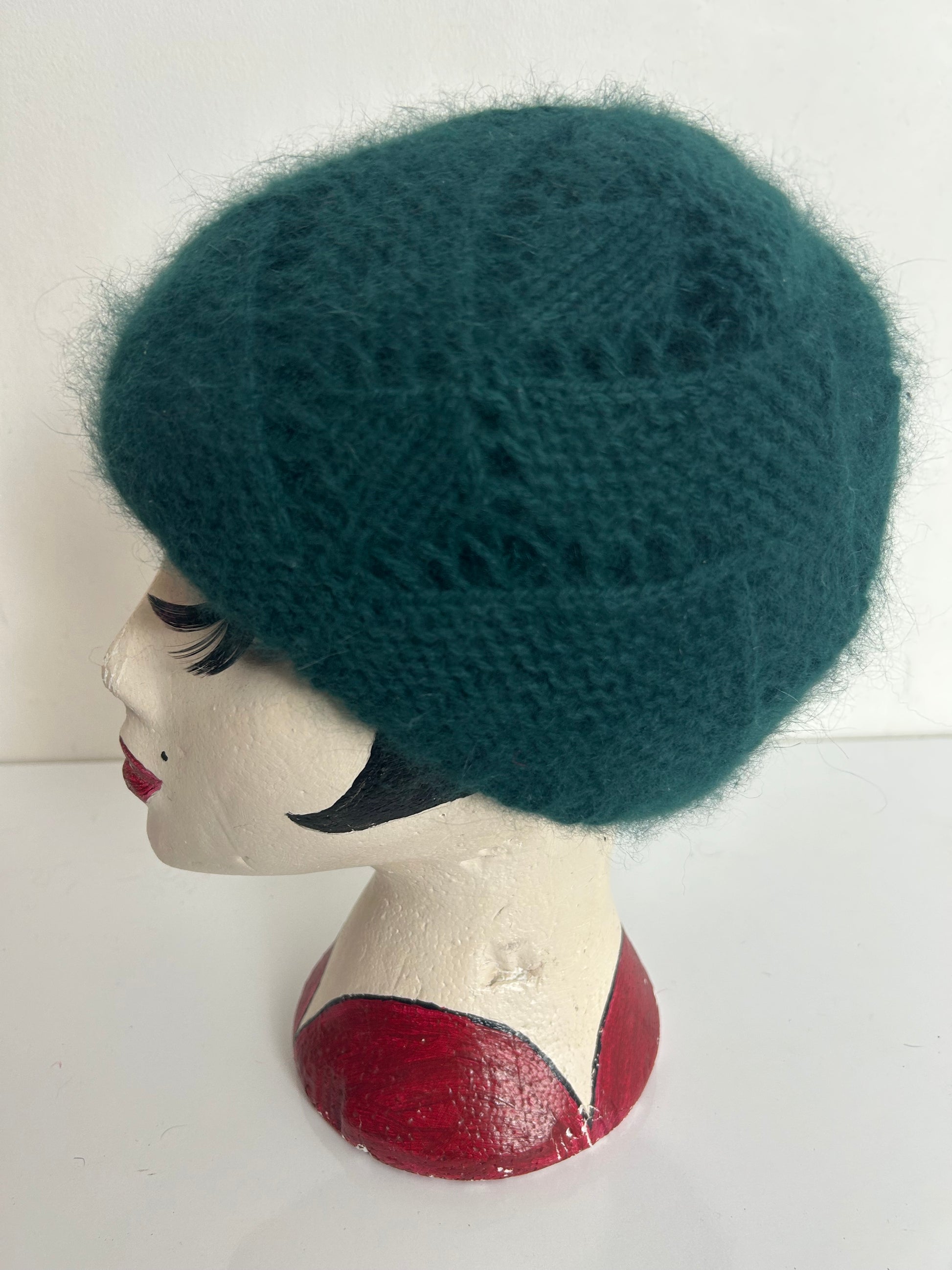 Vintage Forest Green Chunky Knit Angora & Wool Mix Beanie Style Hat ...