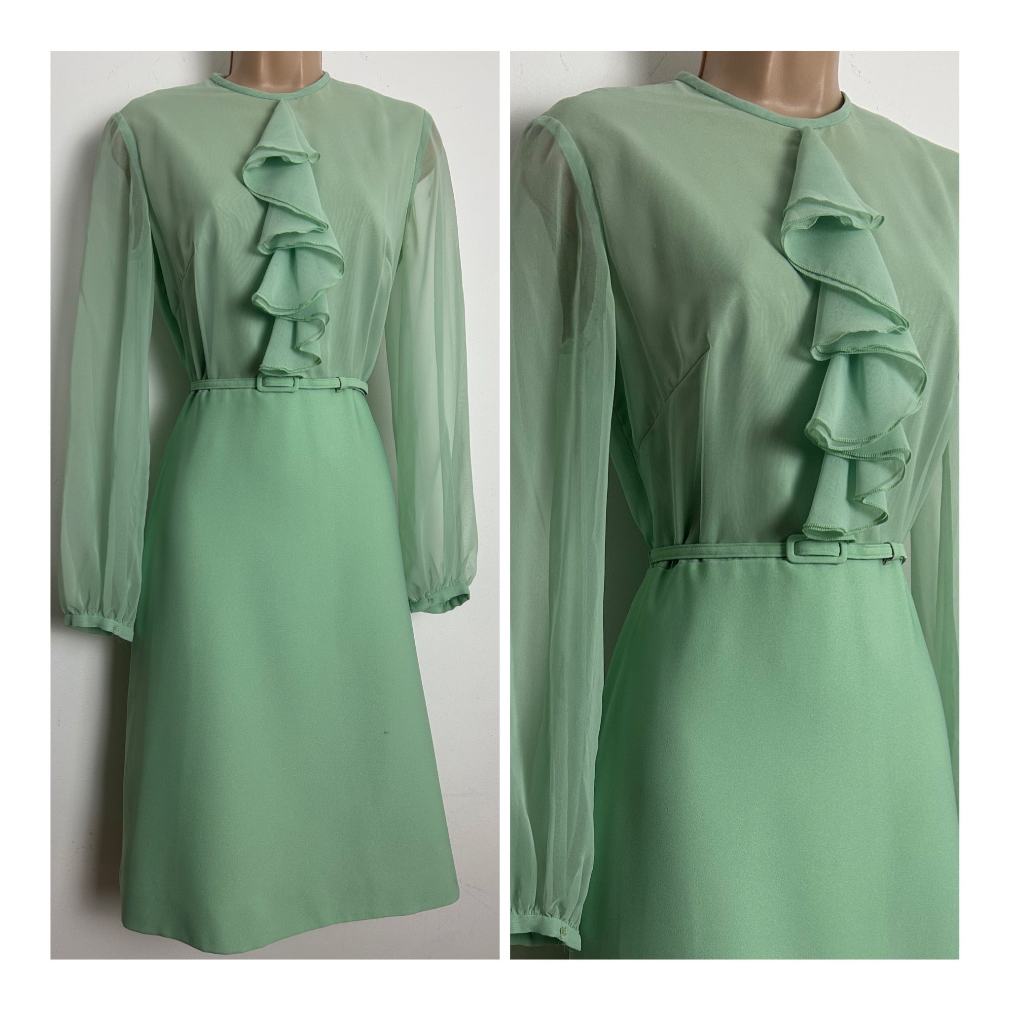 Vintage 1960s PEGGY FRENCH COUTURE Size 8 Pale Green Ruffle Trim Belte ...