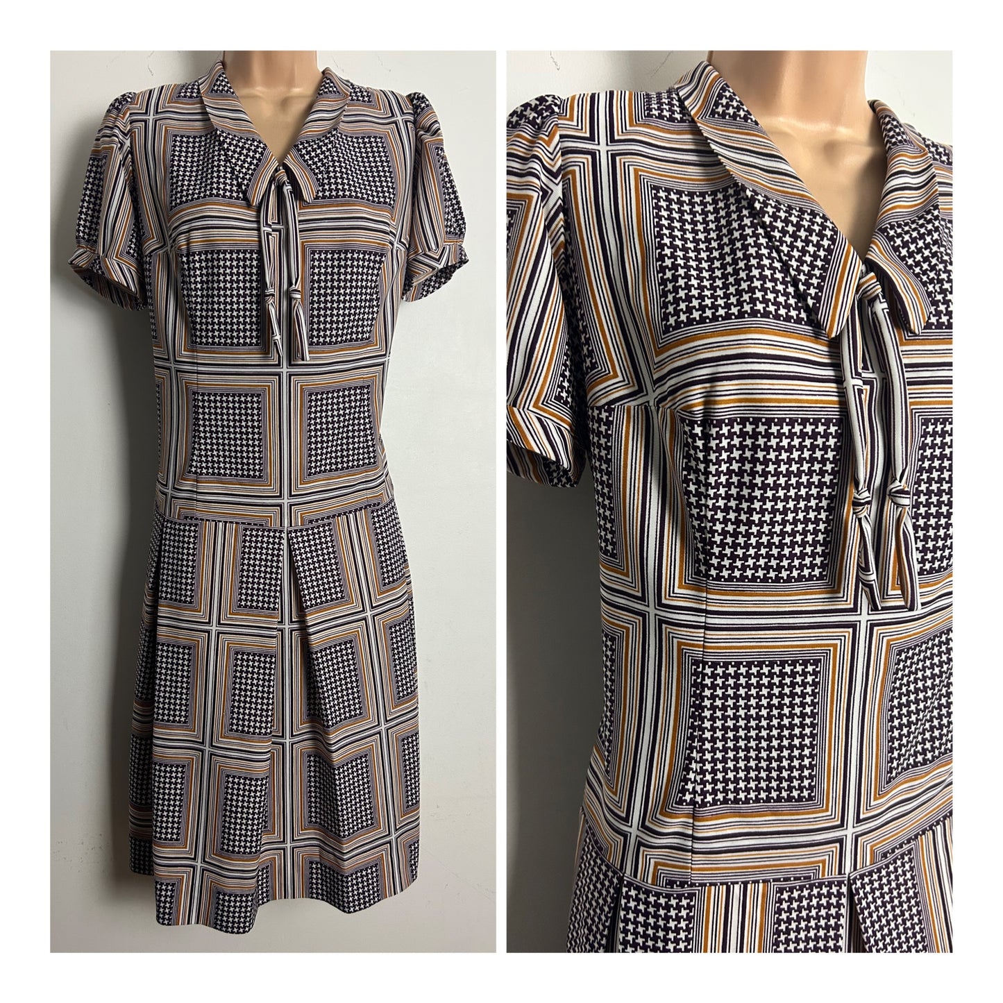 Vintage 1970s Size 12-14 Maroon Tan Brown & White Dogtooth Check Short ...