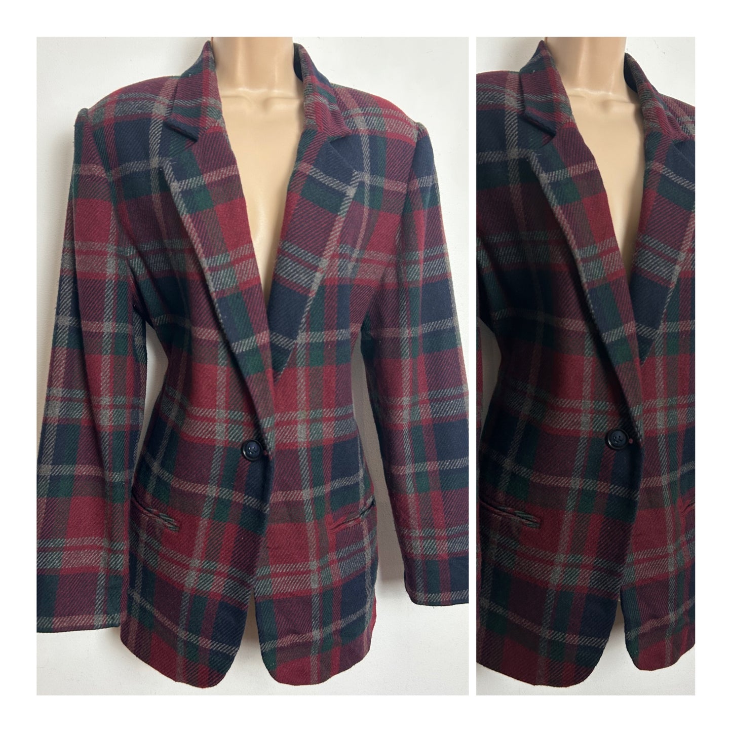 Vintage 1980s SAG HARBOR Size 14 Maroon & Grey Check Wool Blend Blazer ...