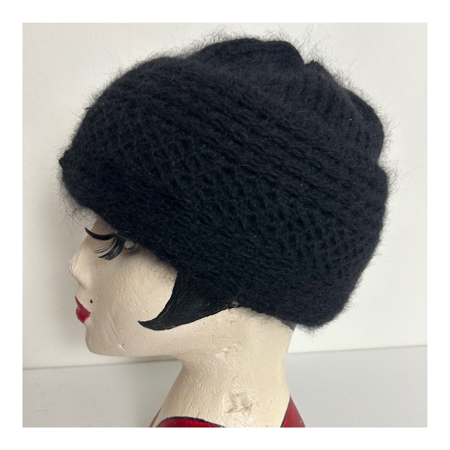 Vintage Black Angora & Wool Mix Semi Chunky Winter Beanie Style Hat ...