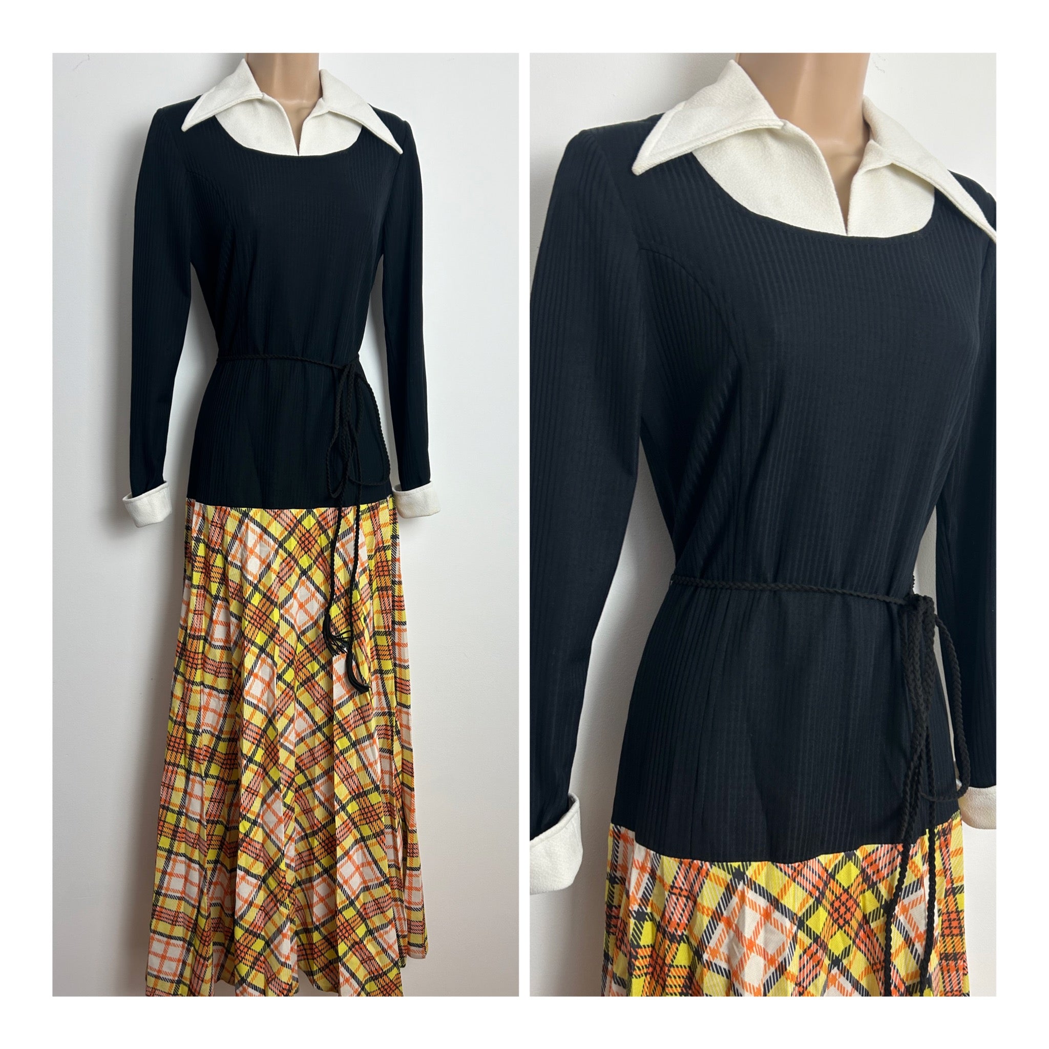 Vintage 1970s RICHARD SHOPS Size 8-10 Black White Orange & Yellow Chec ...