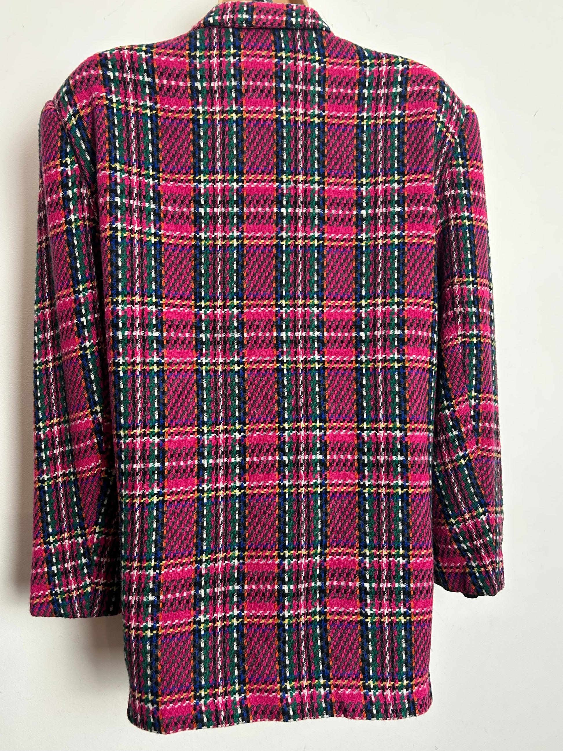Vintage 1980s Size 14 Pink Green Blue & Yellow Check Print Wool Mix Bl ...